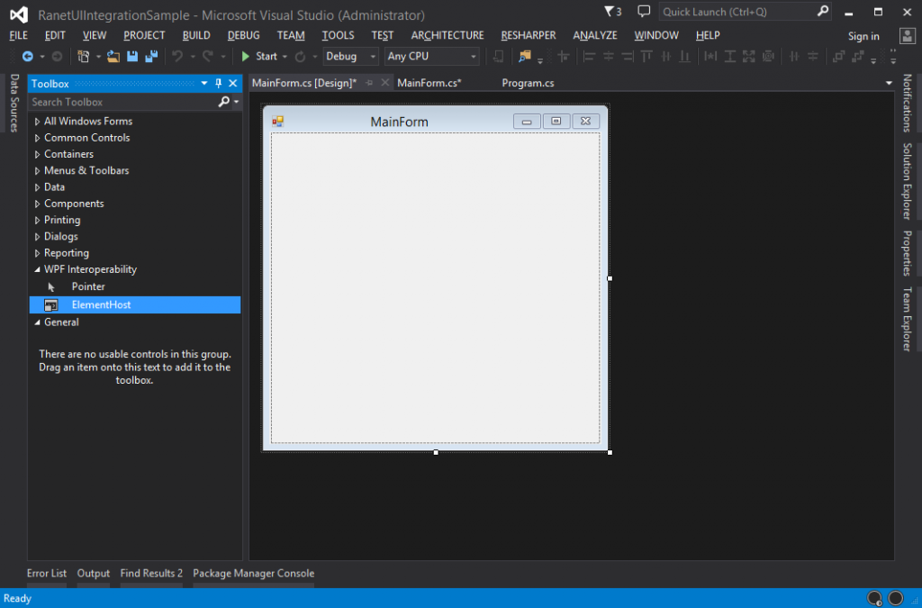 Integrating Ranet UI in a WinForms Application
